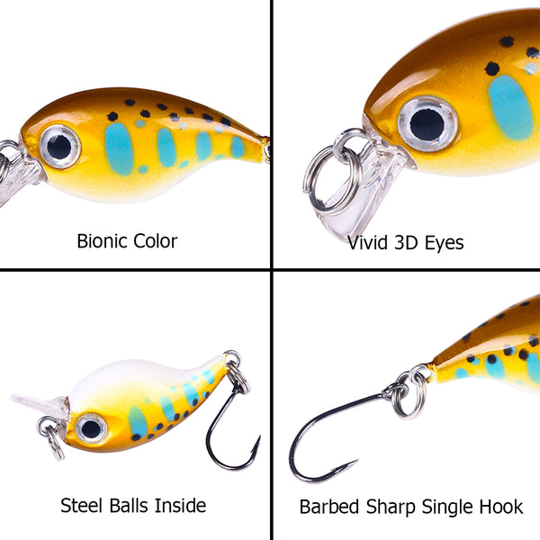 HERCULES 1.4" Micro Crankbait Single Hook Floating Fishing Lure ...